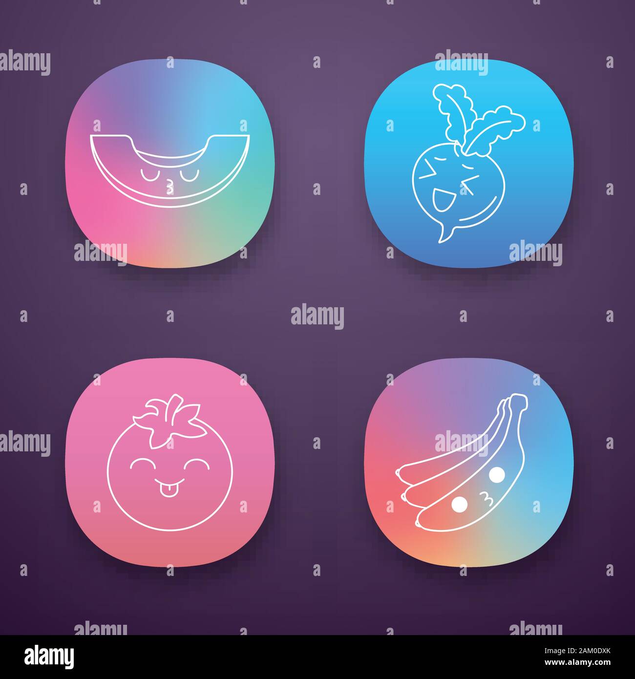 Vegetables and fruits cute kawaii app characters set. Tomato, kissing ...