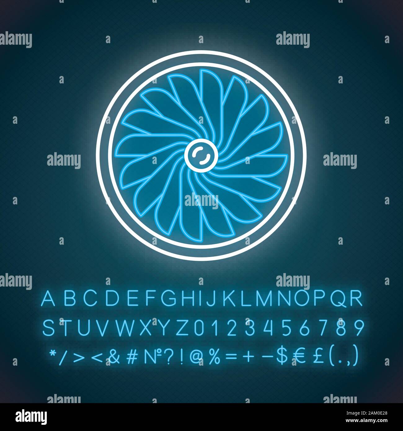 Plane turbine neon light icon. Airplane equipment. Jet propeller ...