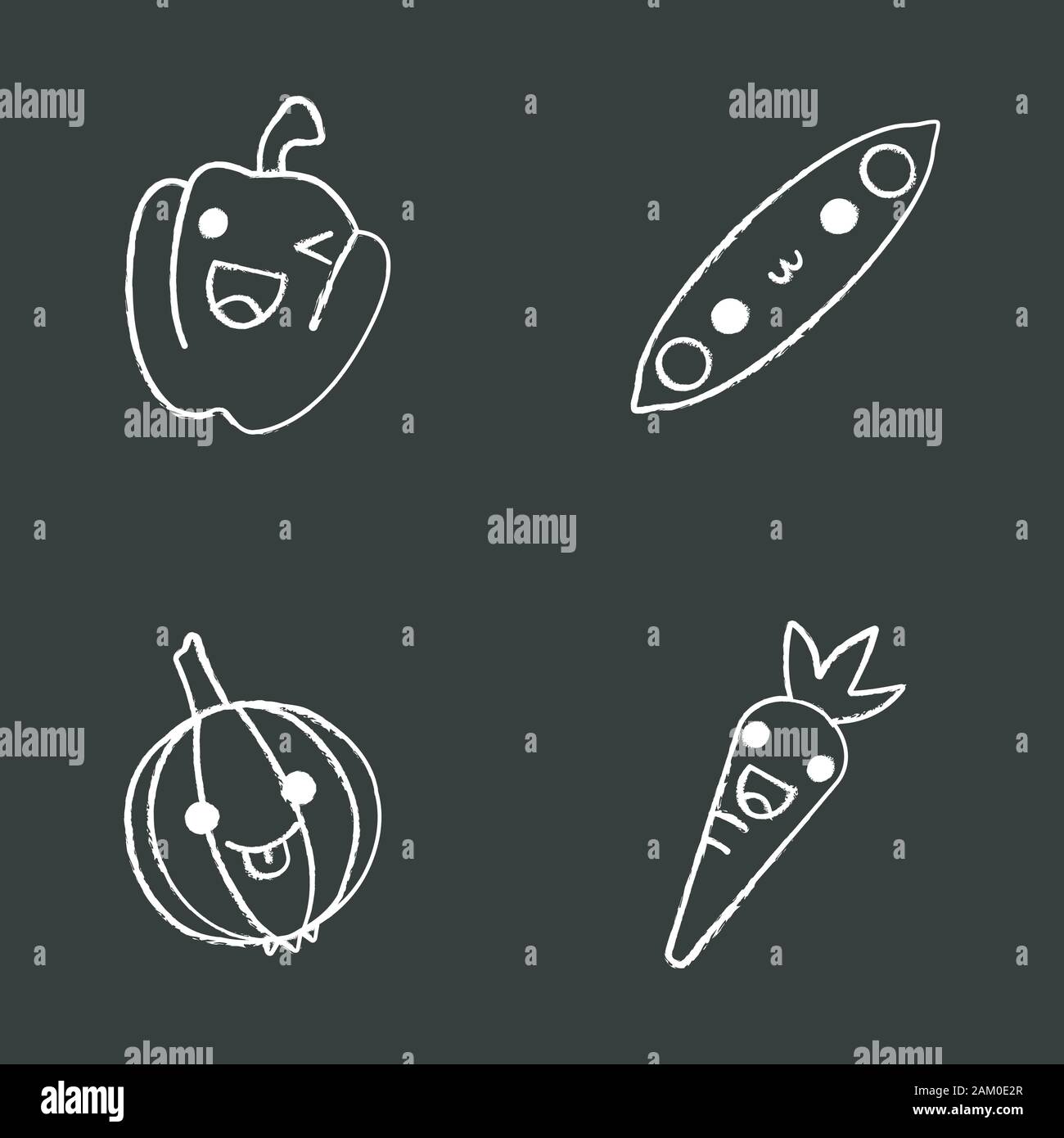 Vegetables cute kawaii chalk characters set. Pea, onion, carrot with ...