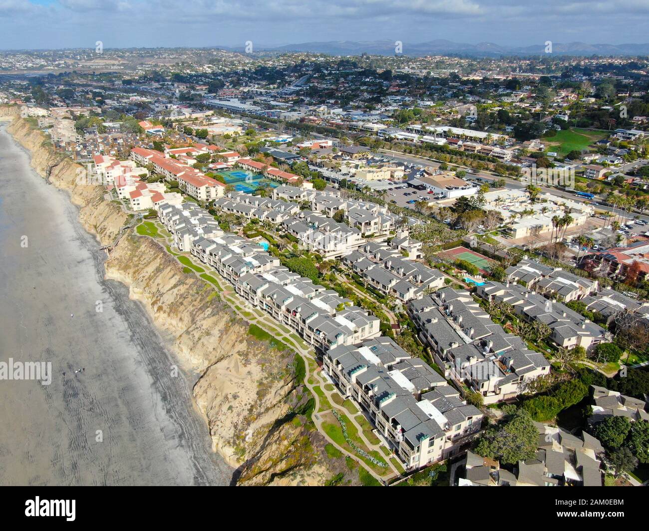 Aerial view of Del Mar North Beach, California coastal cliffs and House ...