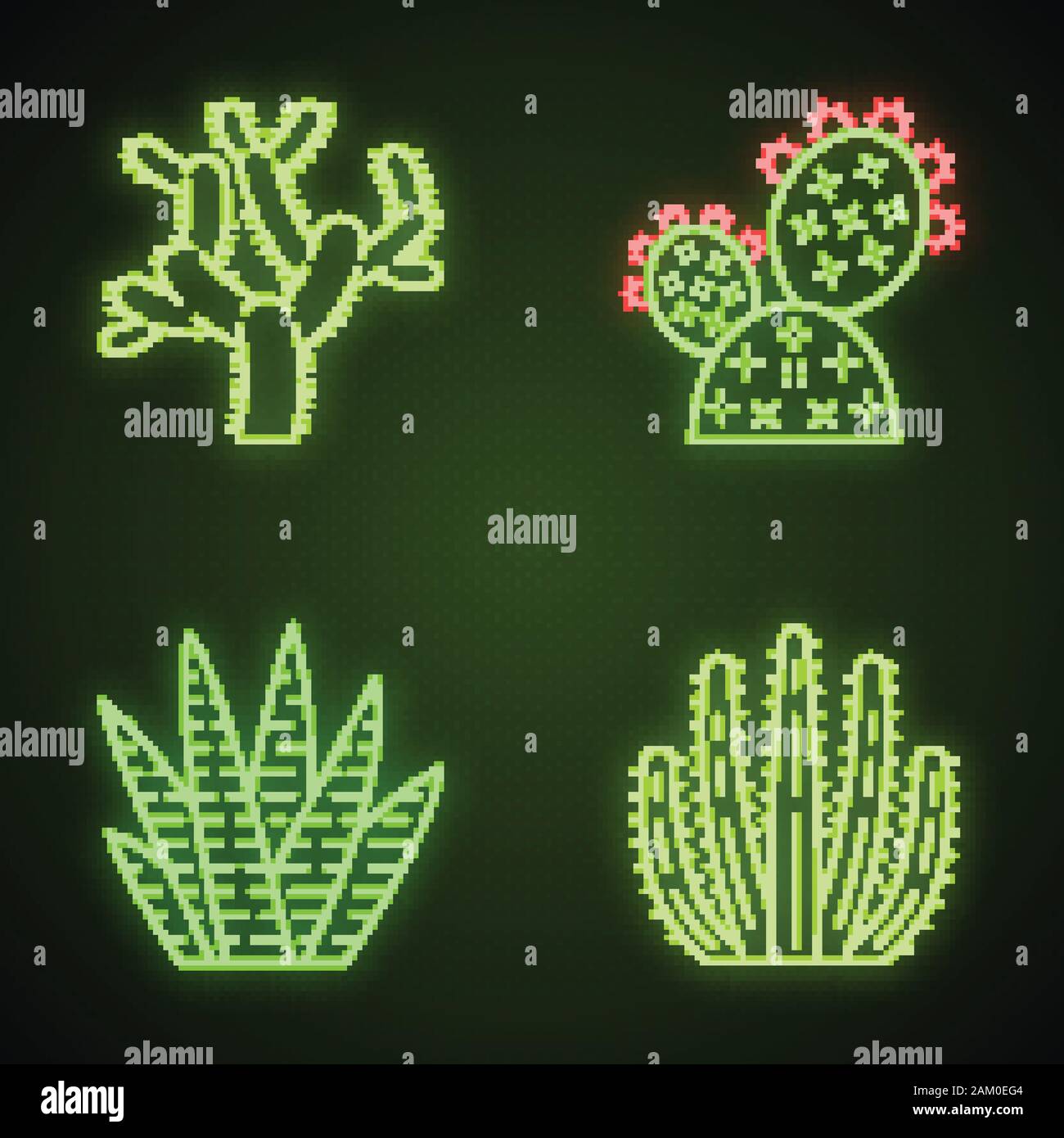 Wild cactuses neon light icons set. Green succulents. Exotic mexican ...
