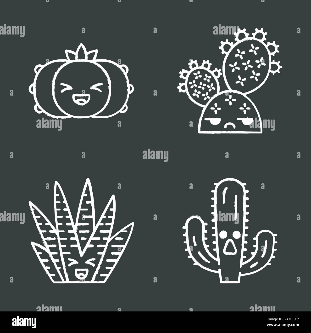 Cactuses chalk icons set. Plants with smiling faces. Laughing peyote ...