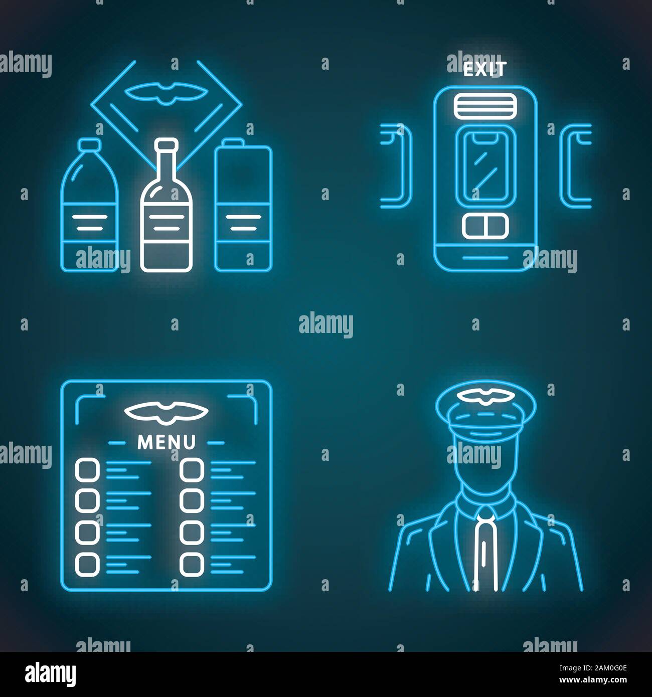 Aviation services neon light icons set. Flight menu and drinks, pilot ...