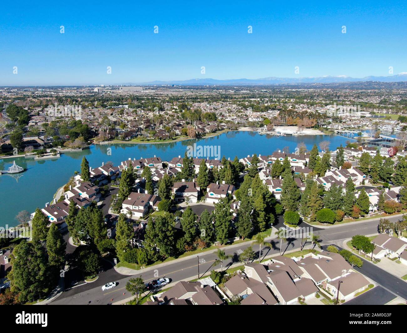 Aerial view of North Lake surrounded by residential neighborhood during ...