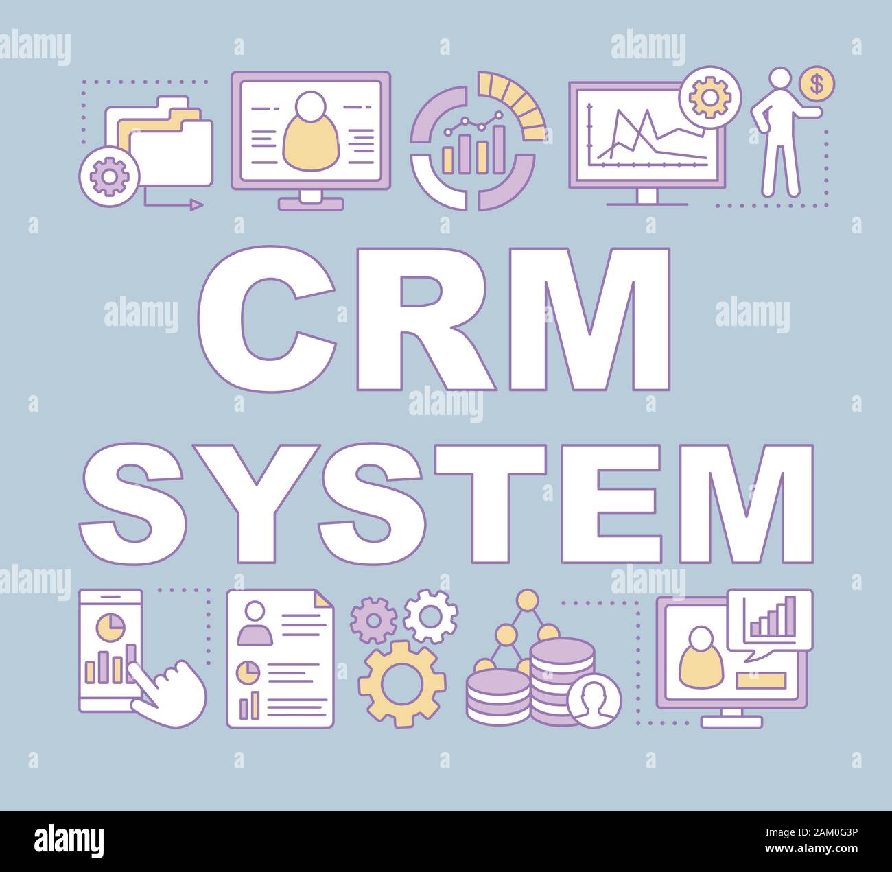 CRM system word concepts banner. Client identity. Customer database ...