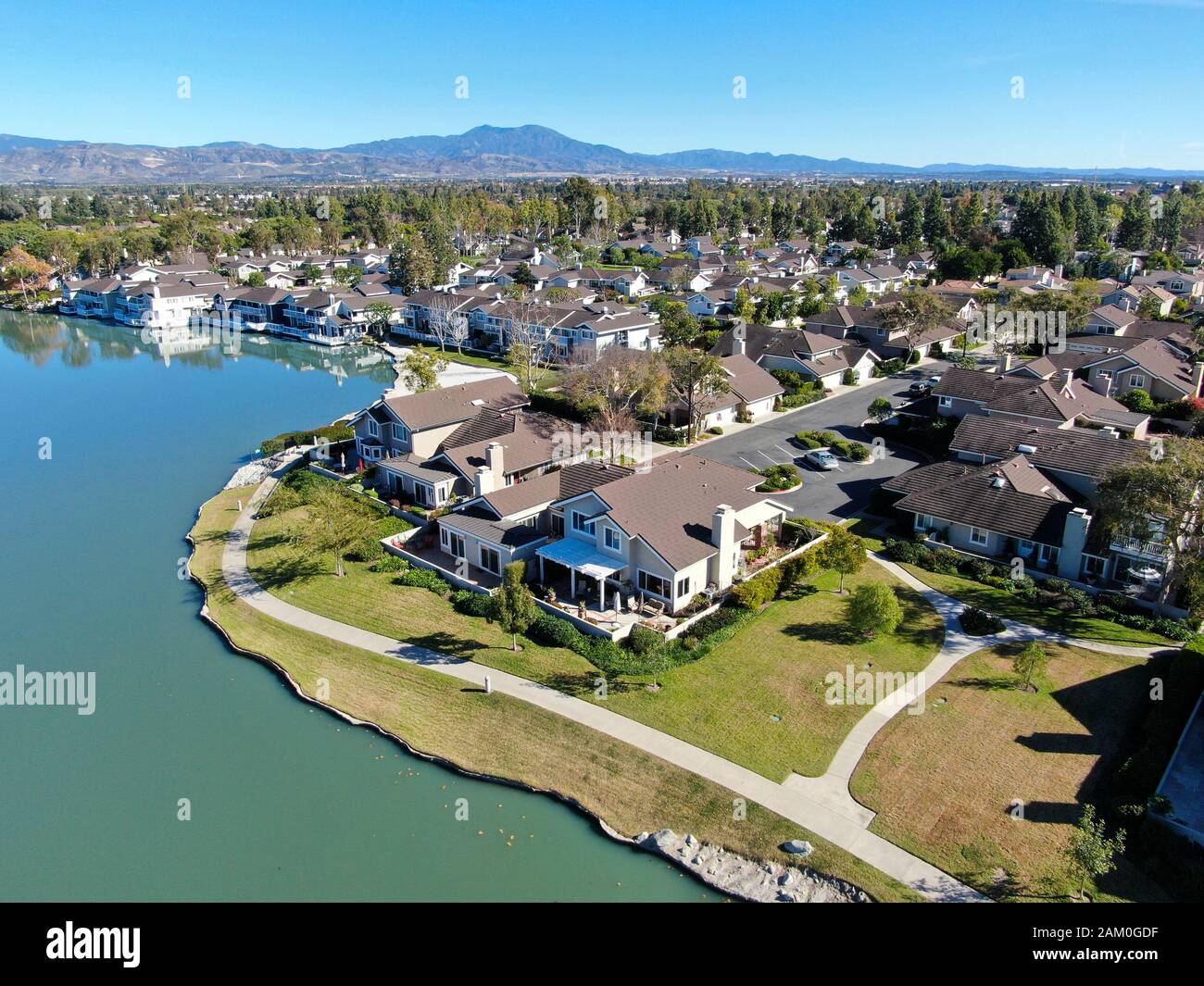Aerial view of North Lake surrounded by residential neighborhood during ...