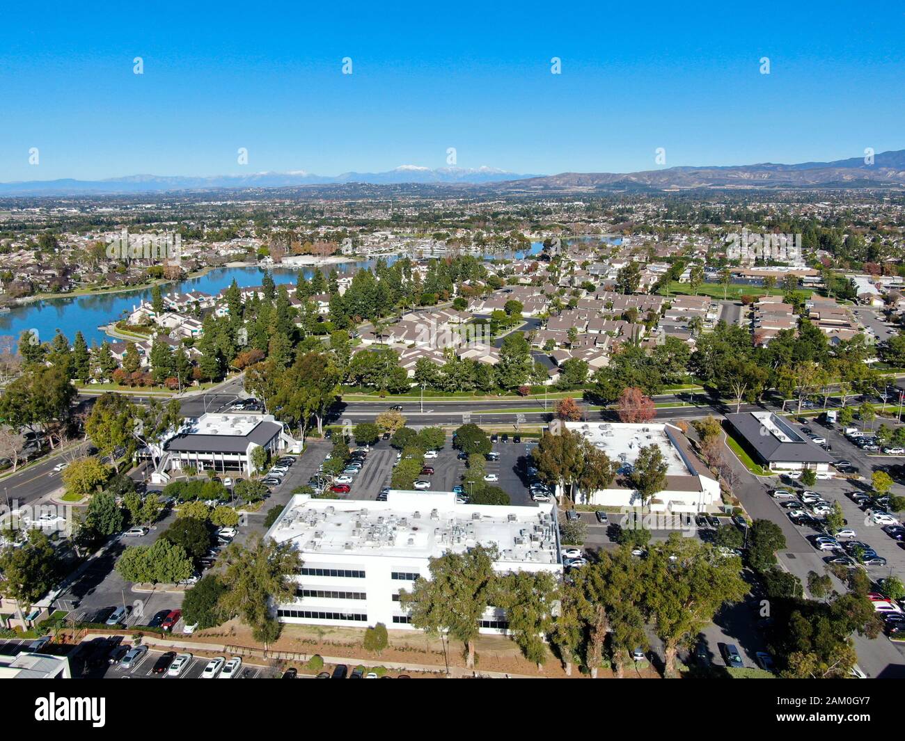 Aerial view of North Lake surrounded by residential neighborhood during ...