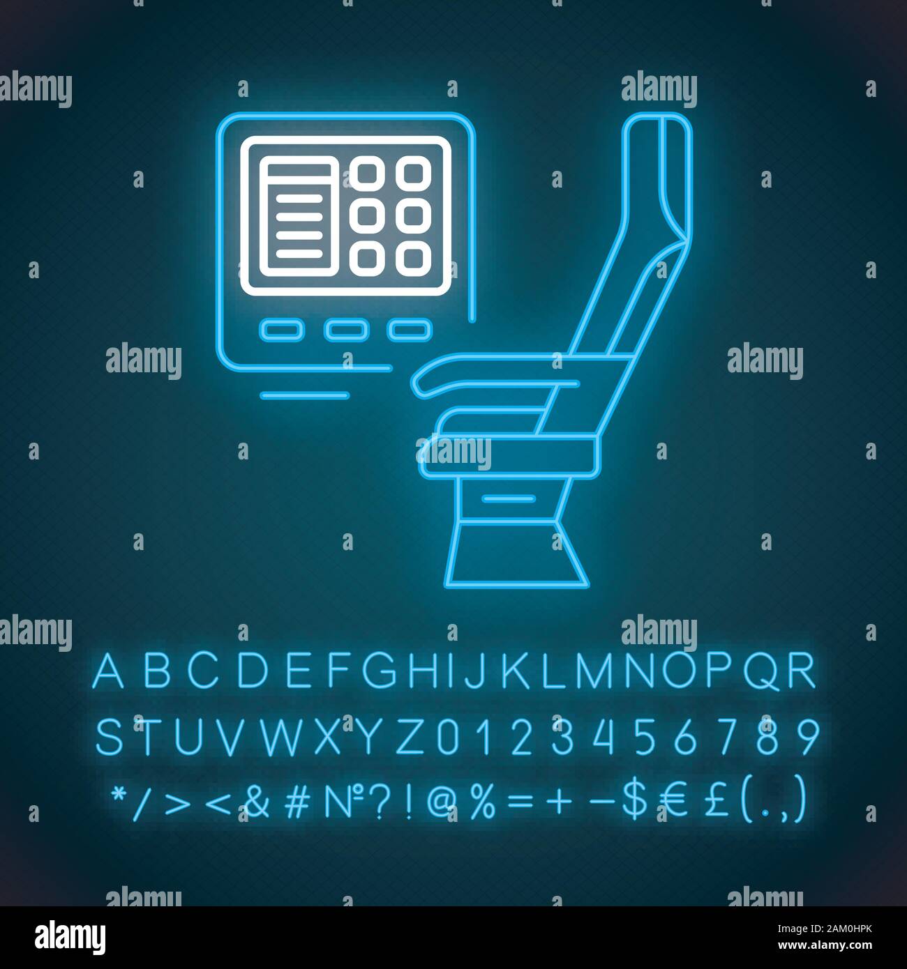 Passenger seat with multimedia screen neon light icon. Airplane ...