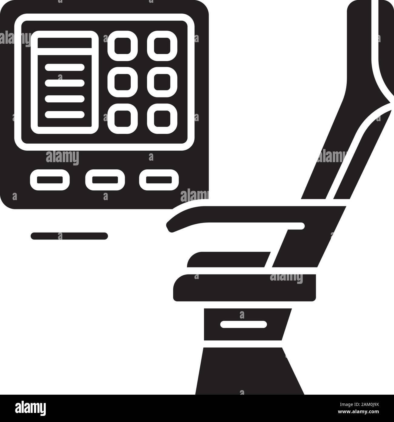 Passenger seat with multimedia screen glyph icon. Airplane comfortable ...