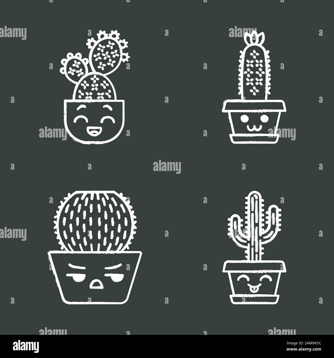 Cactuses chalk icons set. Plants with smiling faces. Laughing Saguaro ...