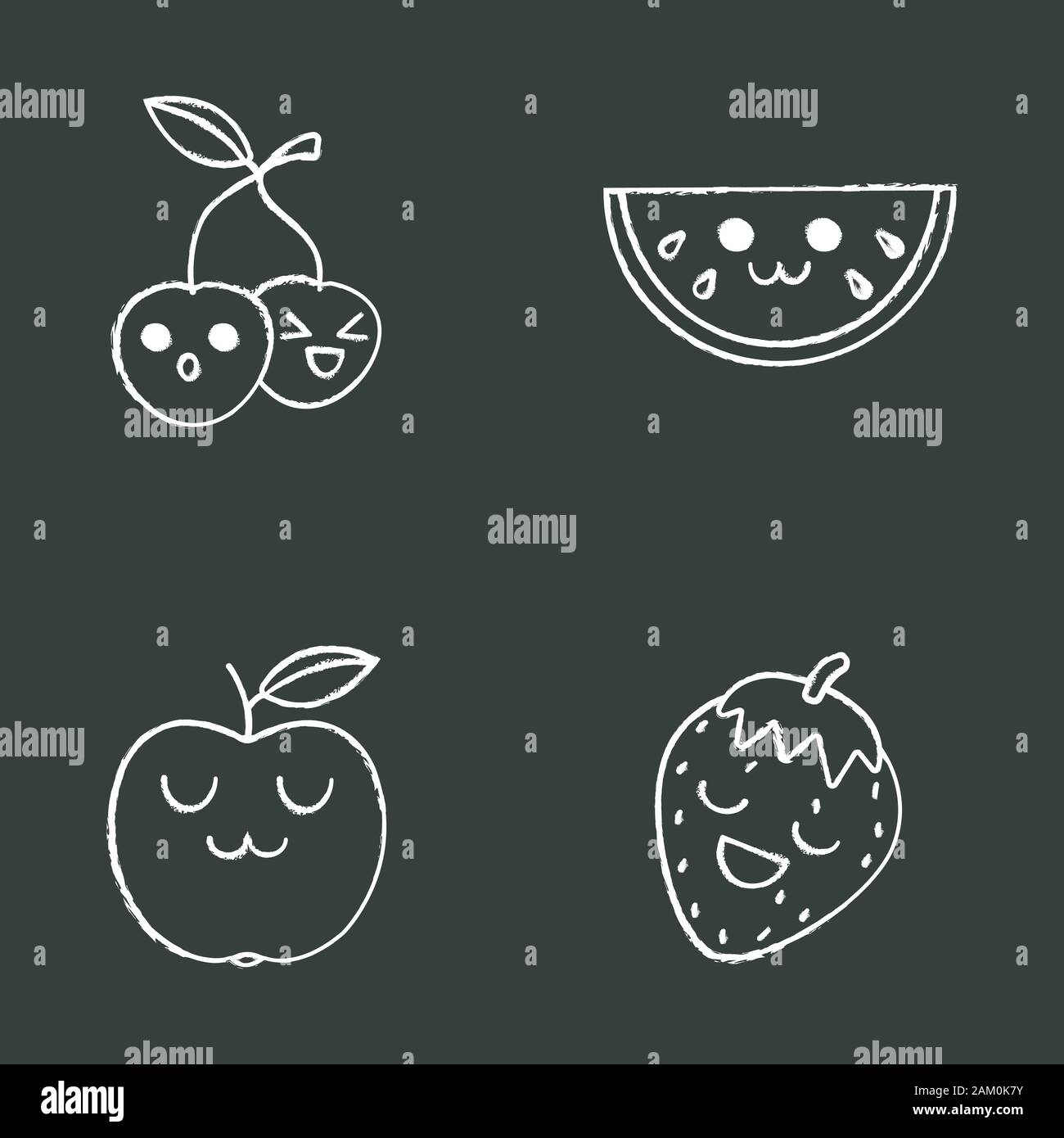 Fruits cute kawaii chalk characters set. Cherry, watermelon, apple ...