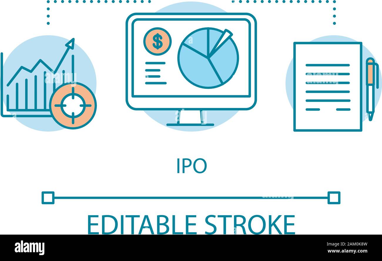 IPO concept icon. Initial public offering. Market research. Investment plan. Economic trends ...
