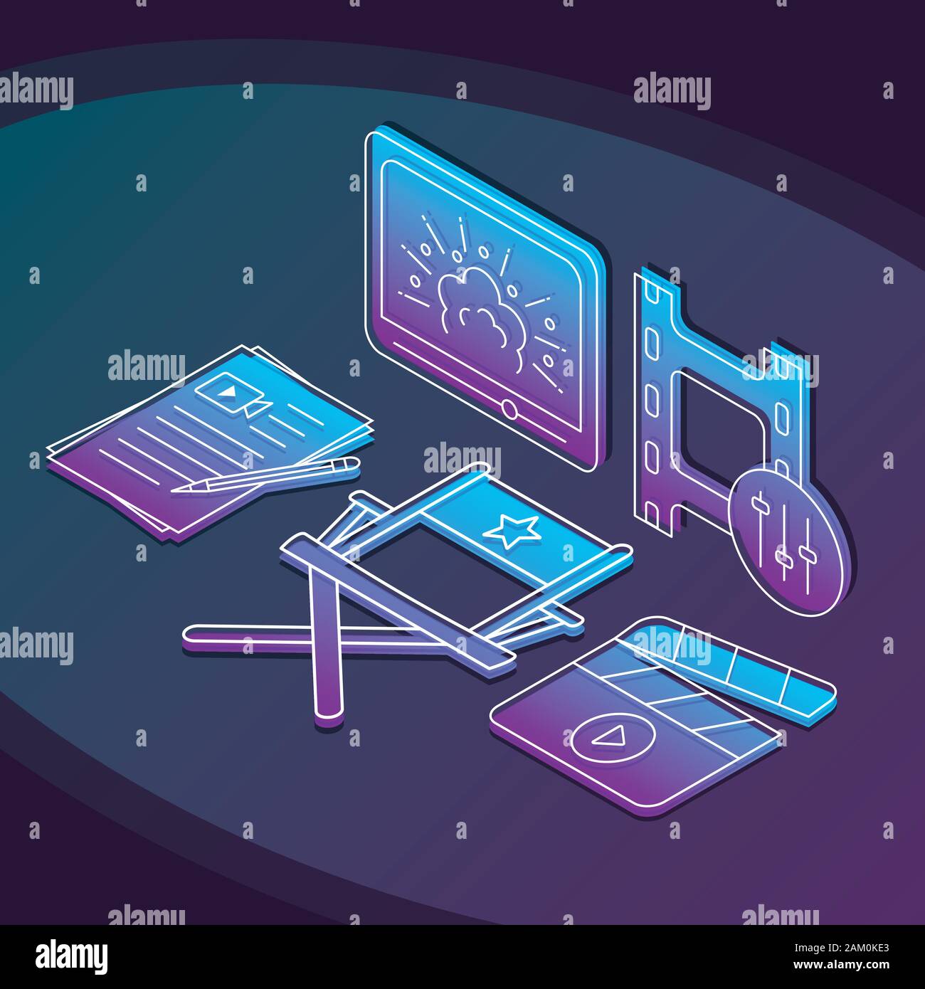 Film industry isometric vector illustration. Video production linear ...