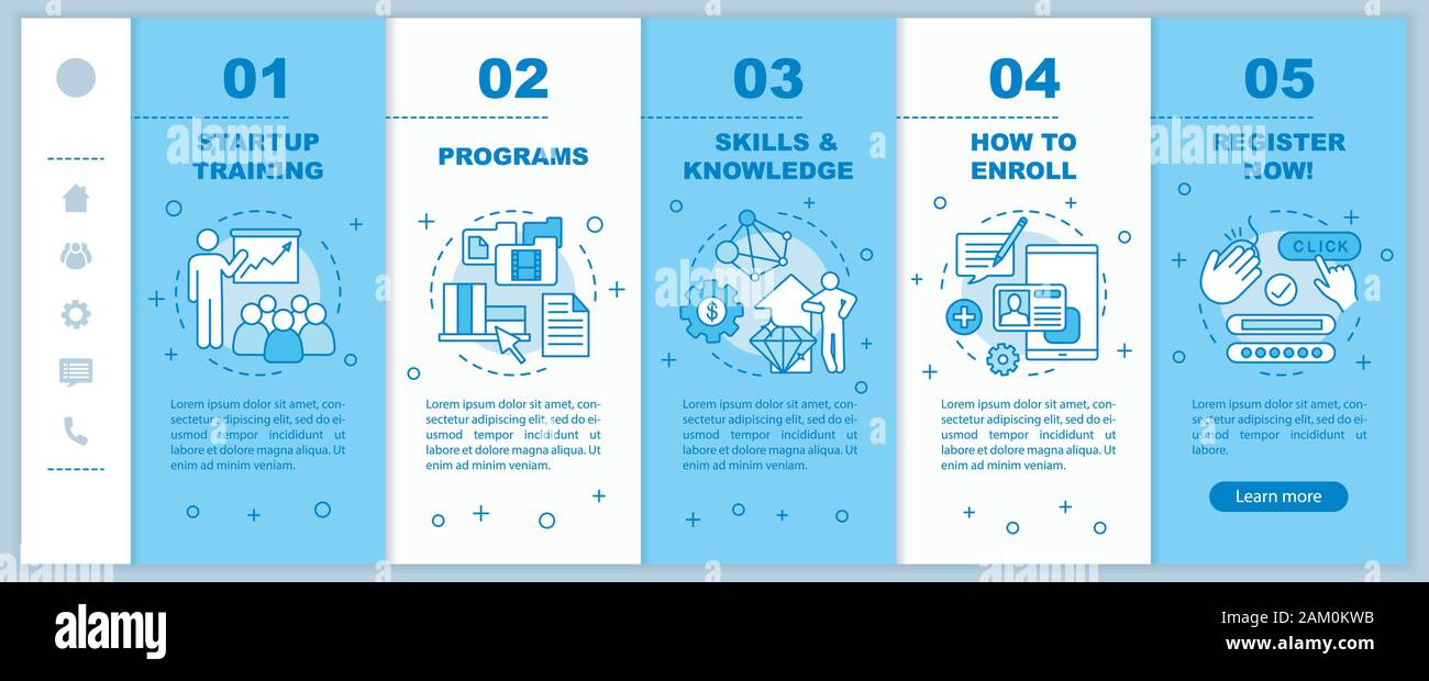 Startup education onboarding mobile web pages vector template. Coaching. Responsive smartphone ...