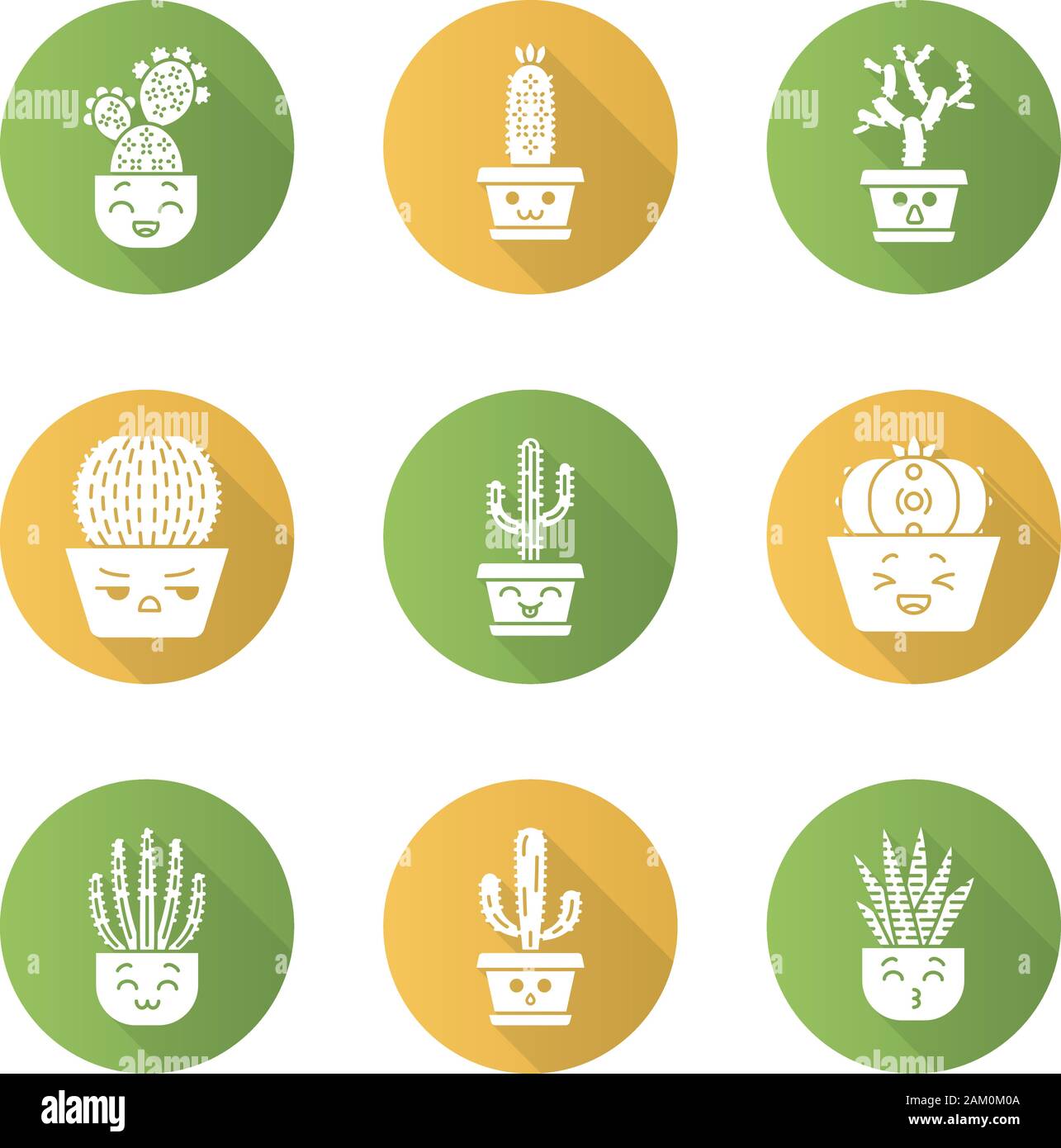 Cactuses flat design long shadow glyph icons set. Plants with smiling ...