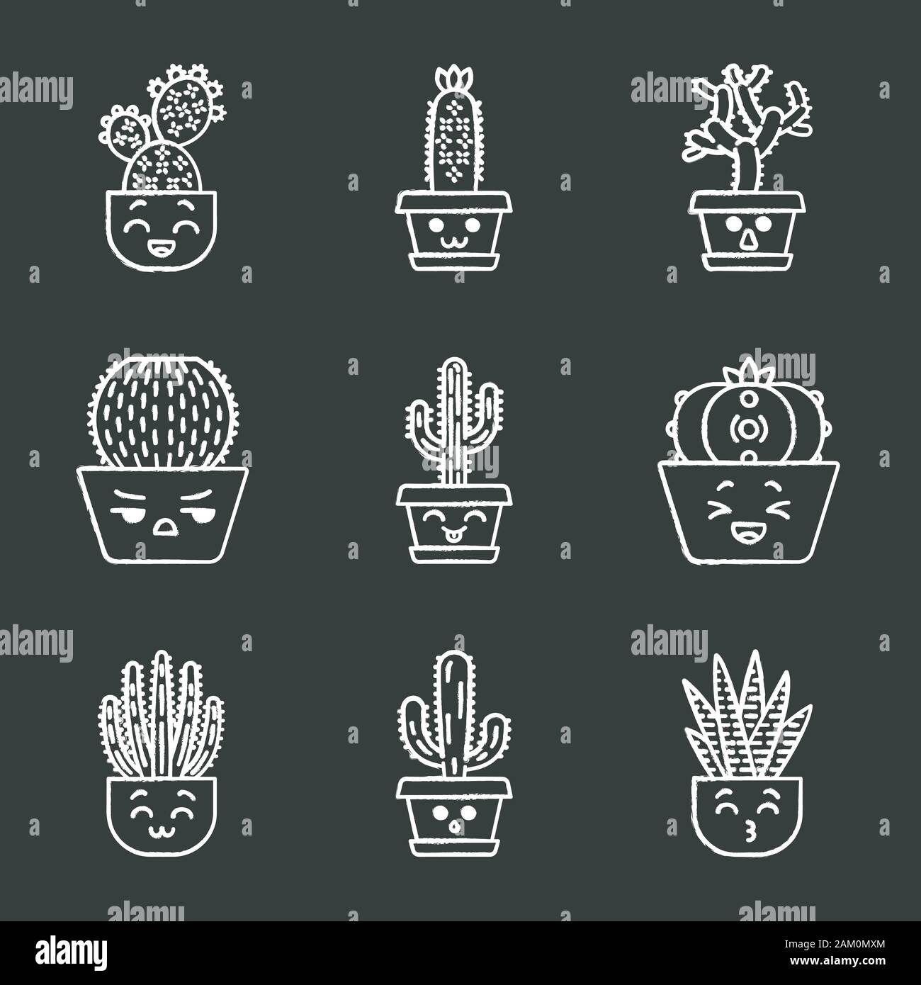 Cactuses chalk icons set. Plants with smiling faces. Laughing Saguaro ...