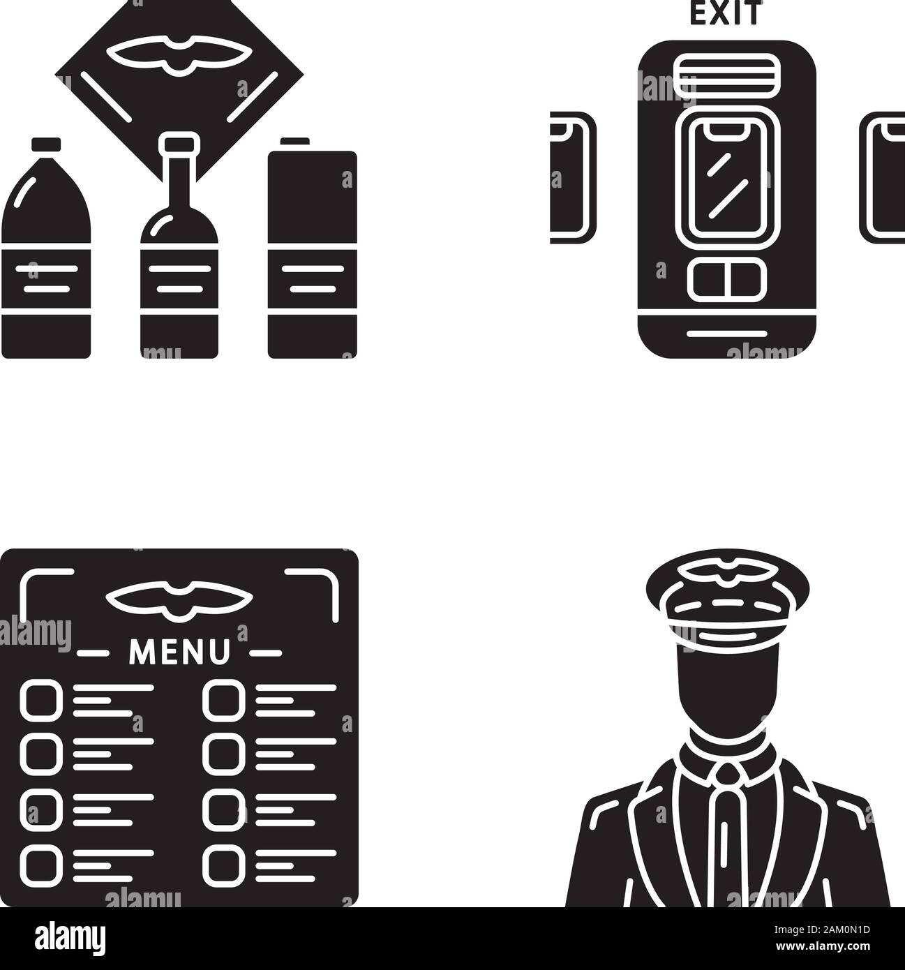 Aviation services glyph icons set. Flight menu and drinks, pilot, jet ...