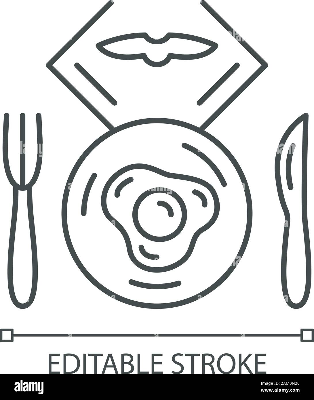 Flight breakfast linear icon. Fried egg on plate. Airplane food ...