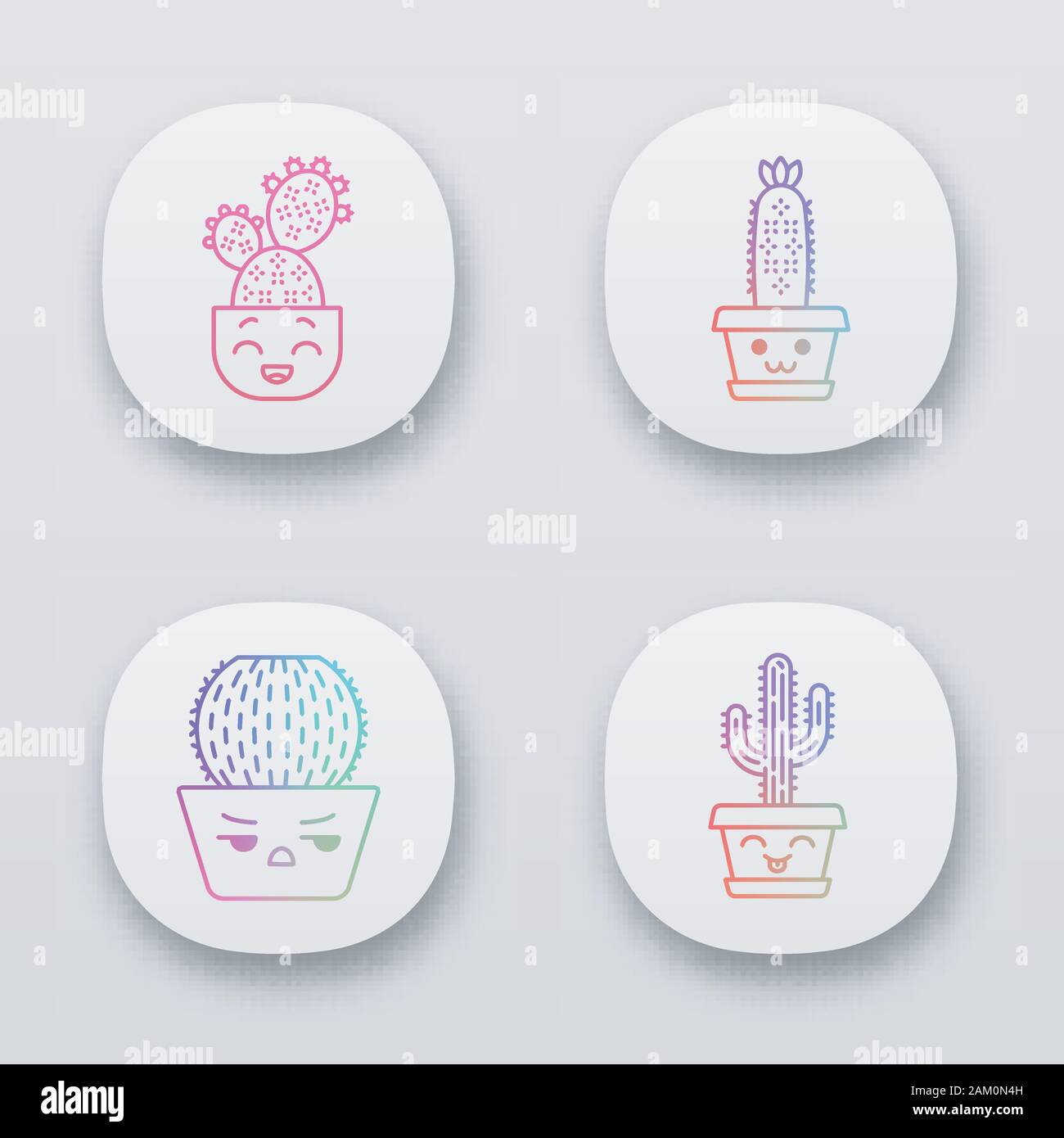 Cactuses app icons set. Plants with smiling faces. Laughing Saguaro and ...