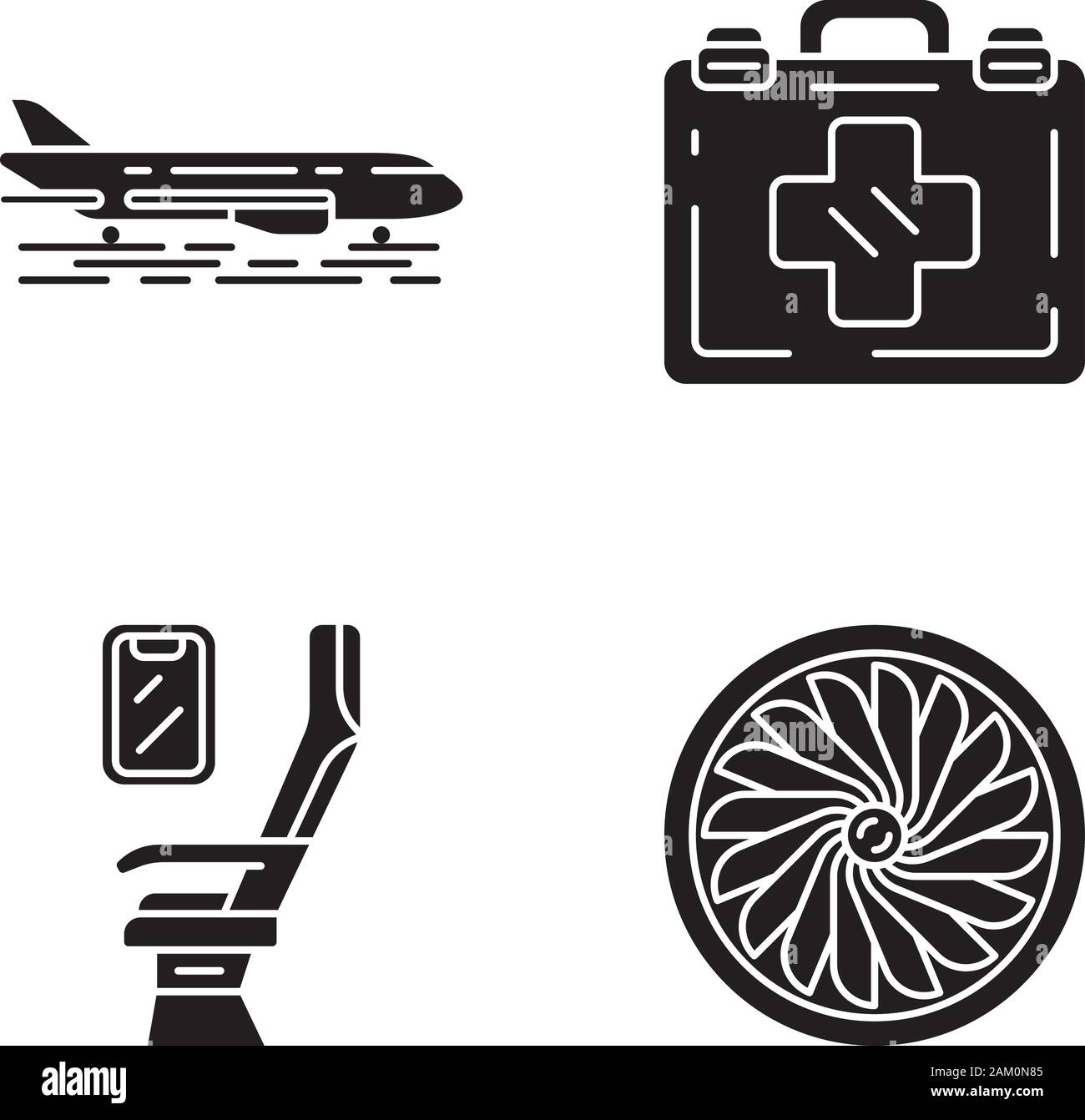 Aviation services glyph icons set. Plane on ground. Airplane ...
