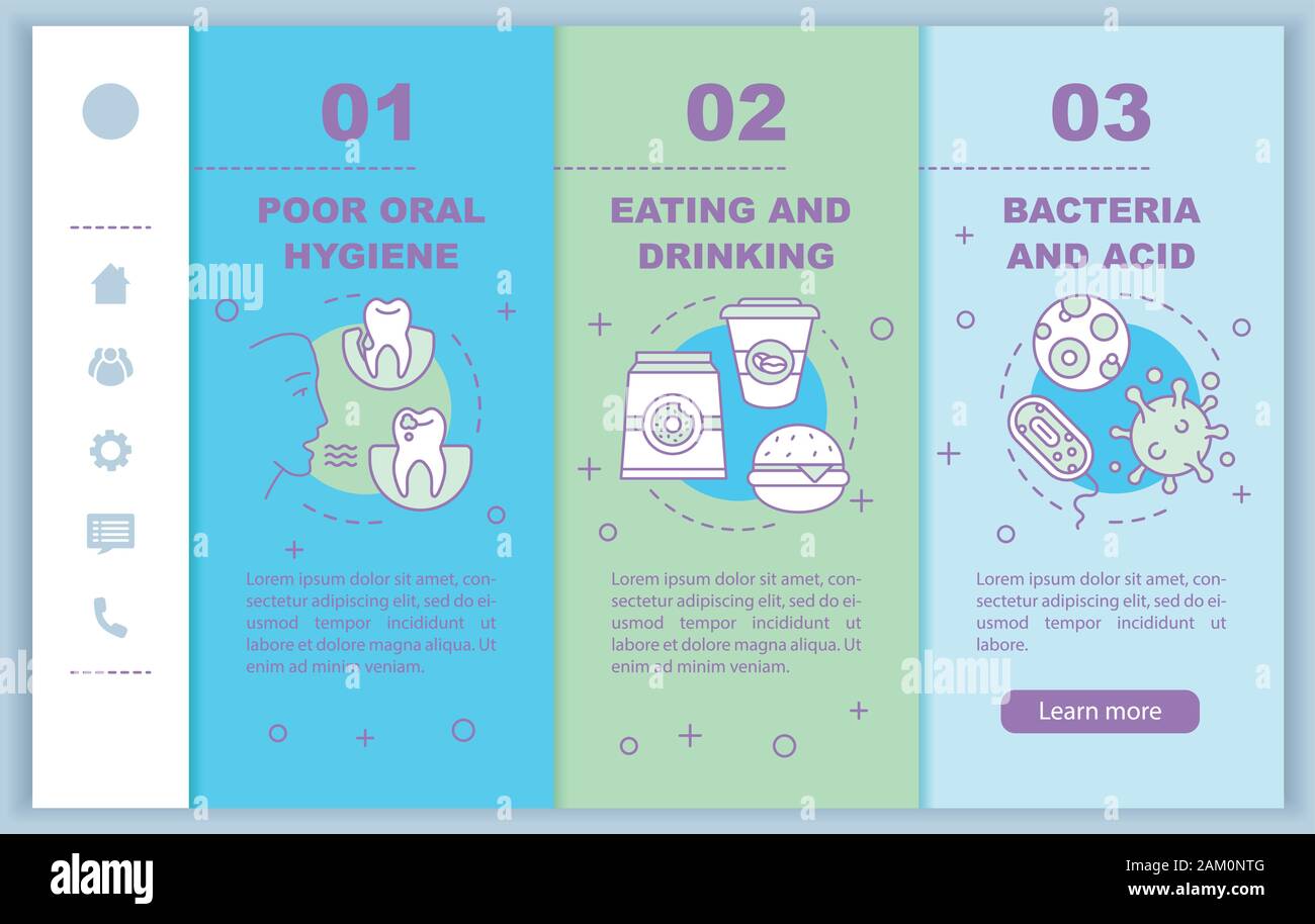 Causes of tooth diseases onboarding mobile web pages vector template ...