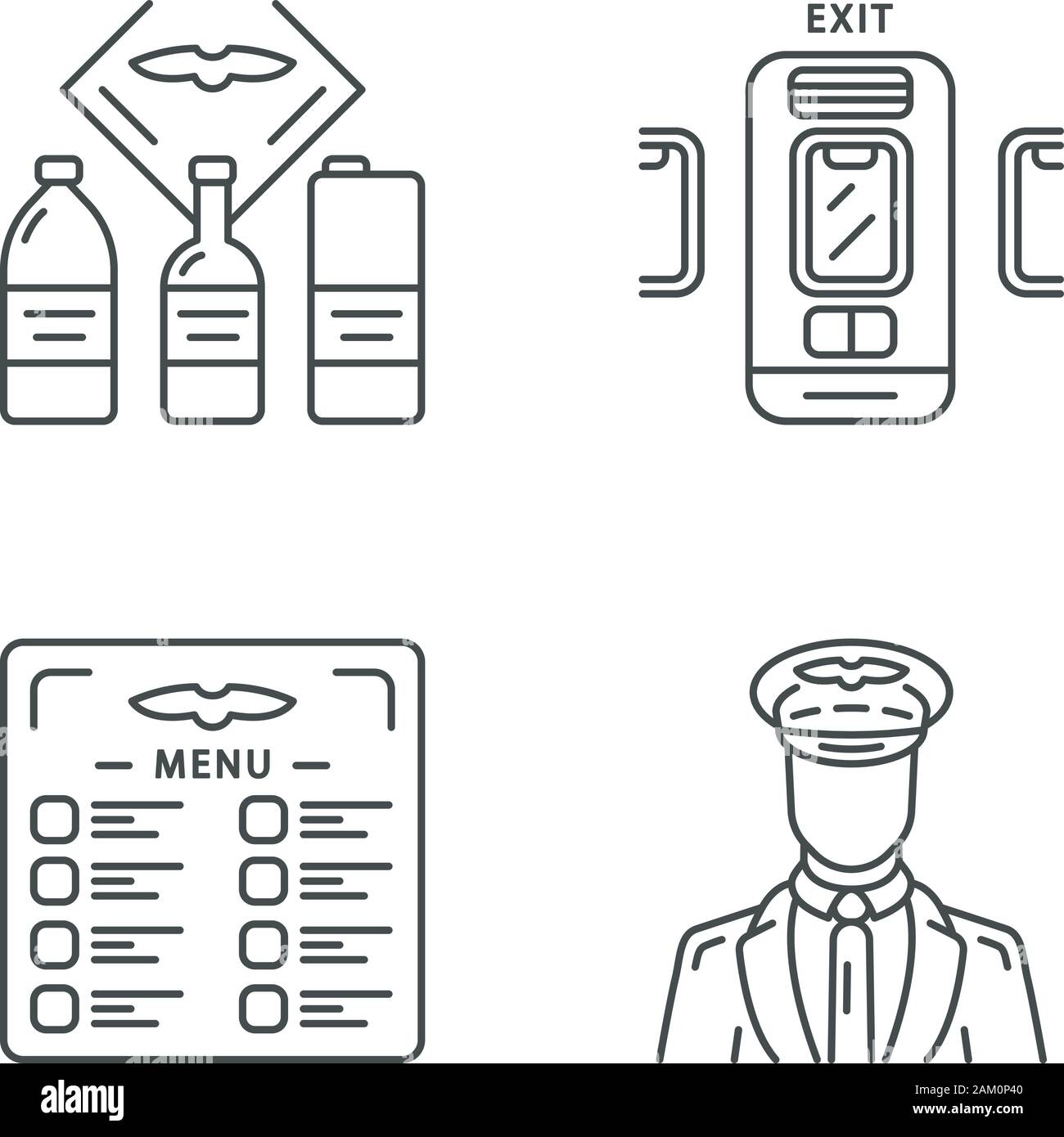 Aviation services linear icons set. Flight menu and drinks, pilot, jet ...