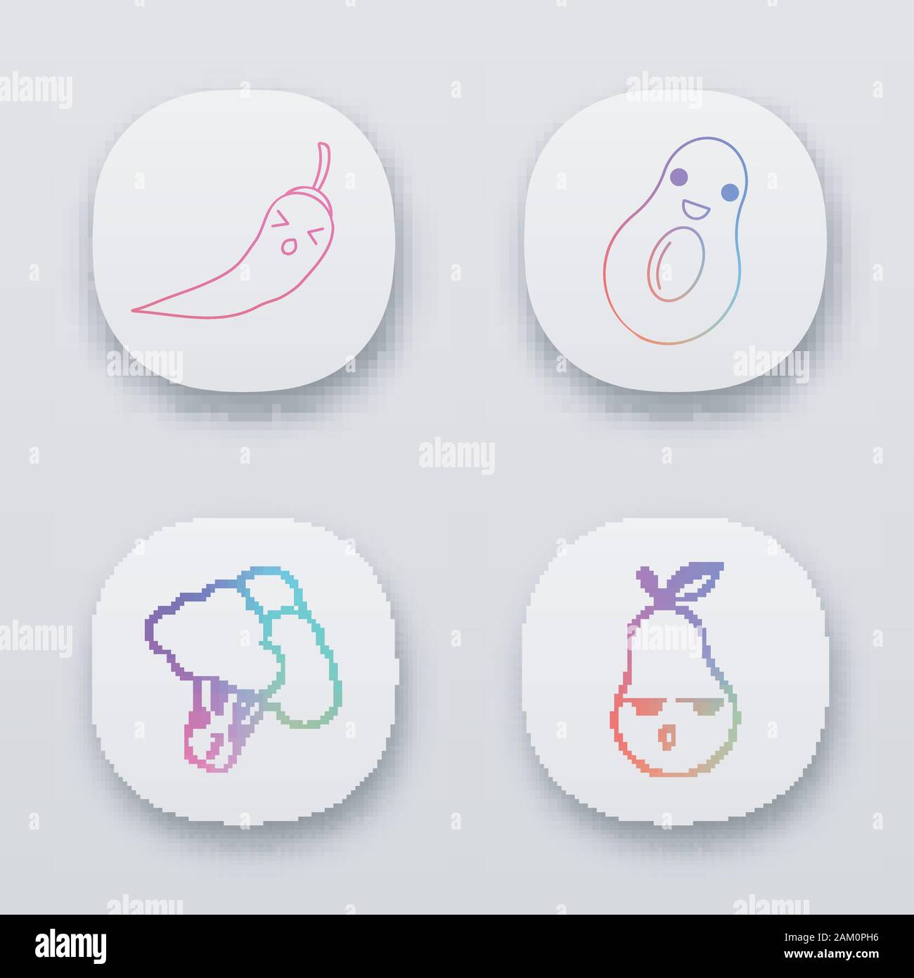 Vegetables and fruits cute kawaii app characters set. Persevere chili ...