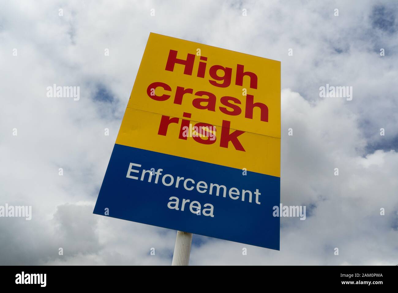 Bright yellow blue high crash risk enforcement area road side warning ...