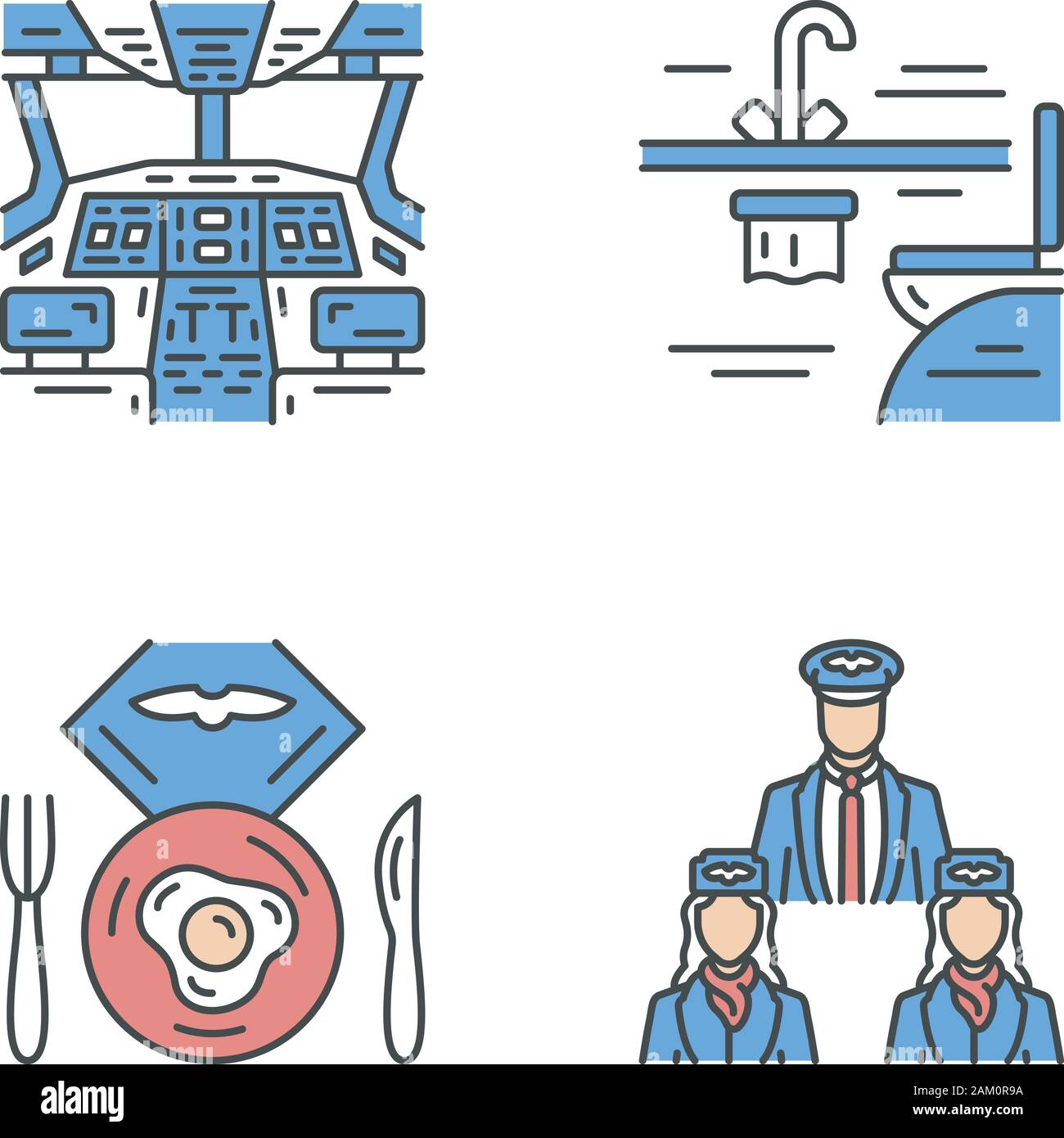 Aviation services color icons set. Aircrew, airplane toilet, flight ...
