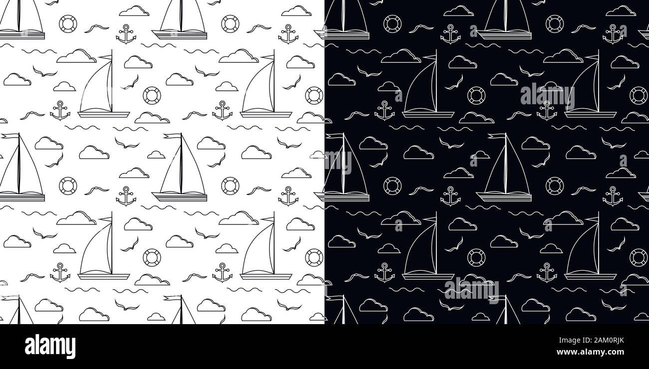 Set of black and white line art vector seamless pattern with one two ...