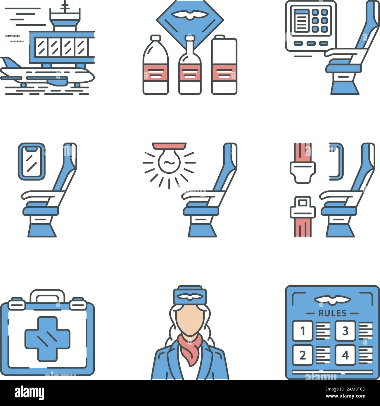 Aviation services color icons set. Airplane comfortable seating ...