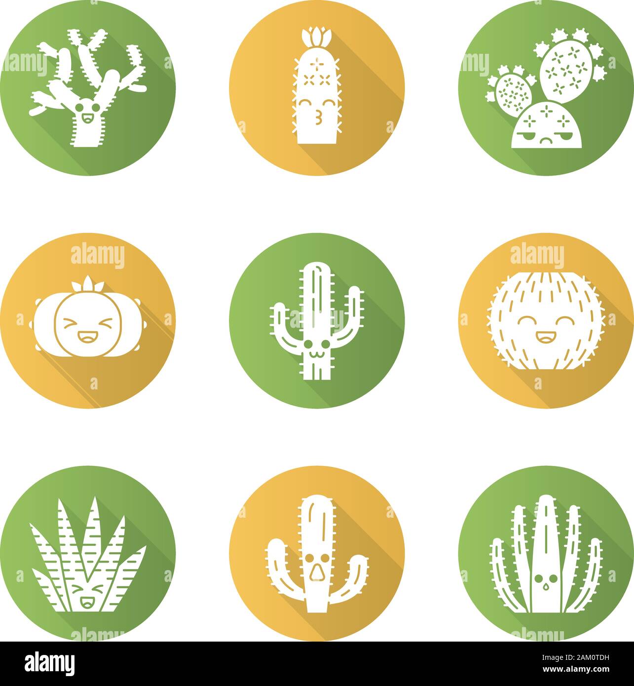 Cactuses flat design long shadow glyph icons set. Plants with smiling ...