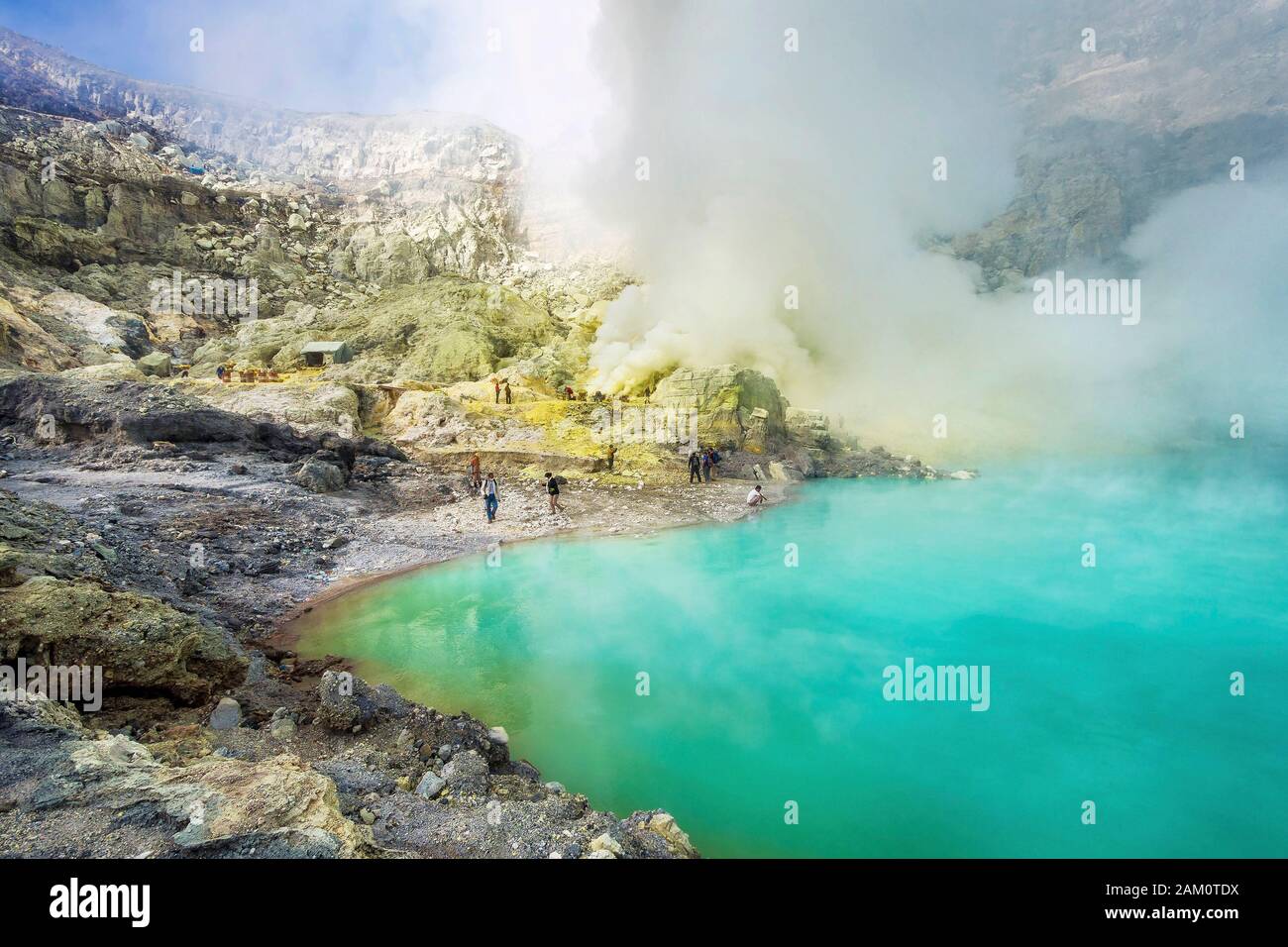 Sulphur mining operation at Kawah Ijen volcano in East Java, Indonesia ...
