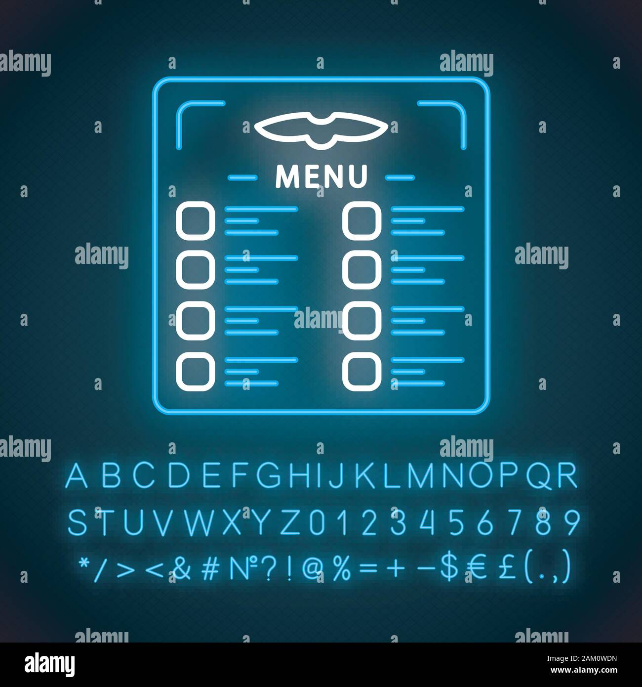 Flight menu neon light icon. Airplane nutrition. Aircraft meal. Plane ...