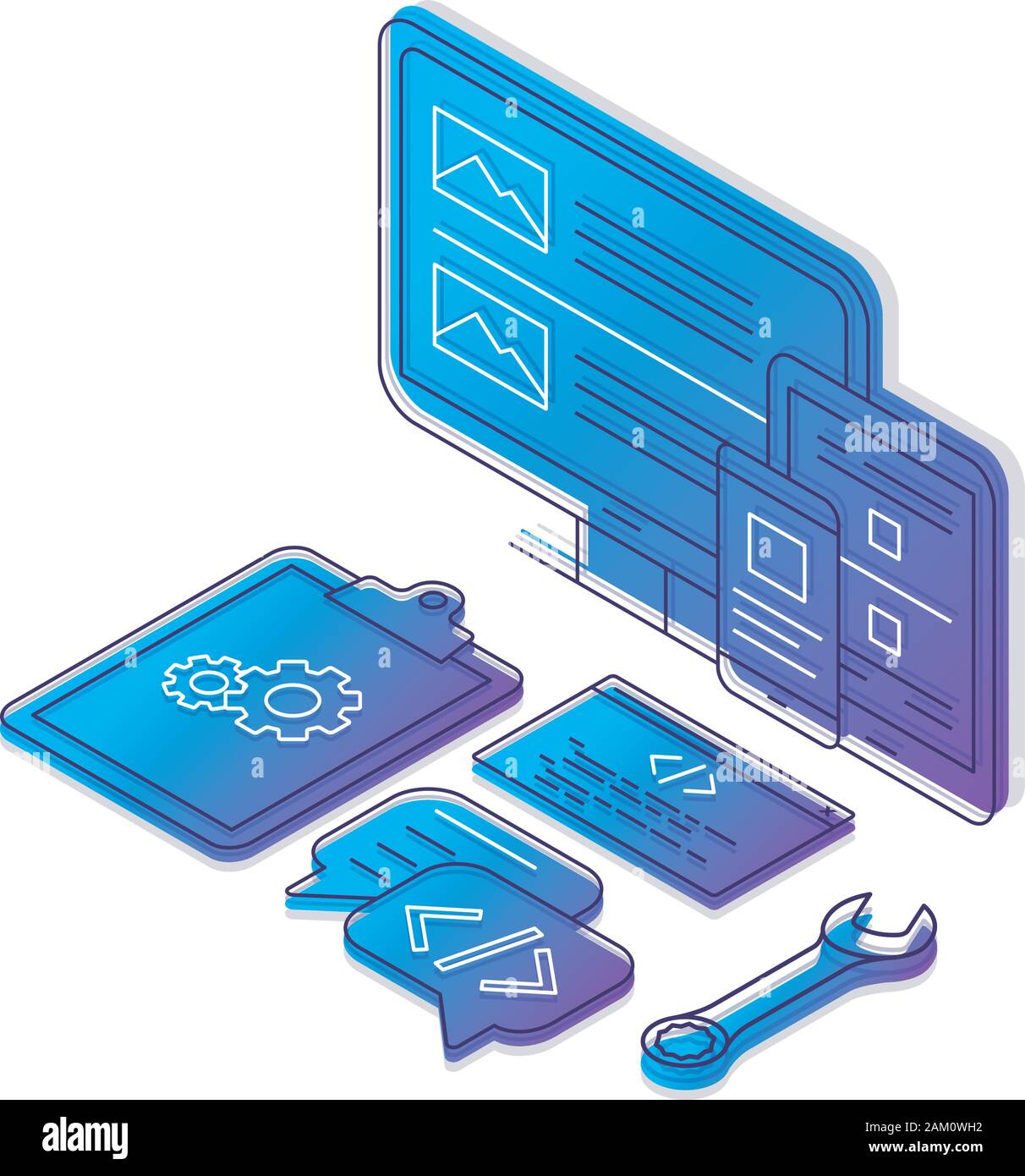 Coding isometric color vector illustration. Software programming linear ...