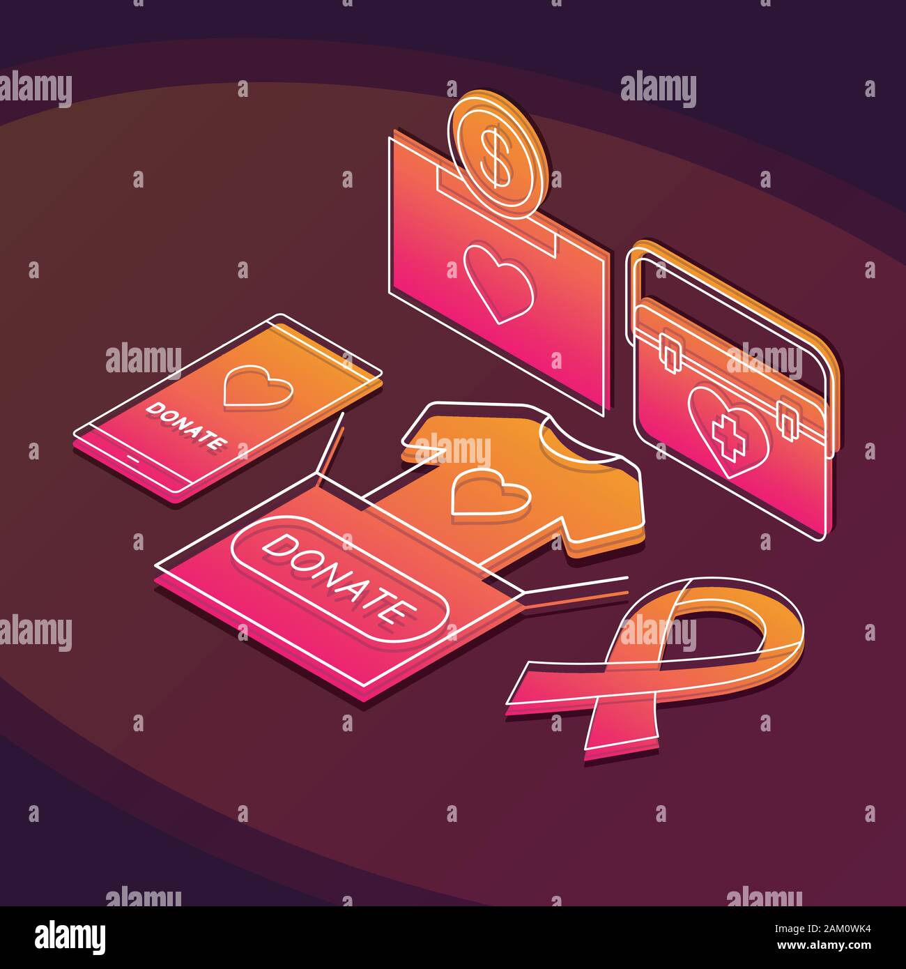 Charity isometric vector illustration. Donation linear icons ...