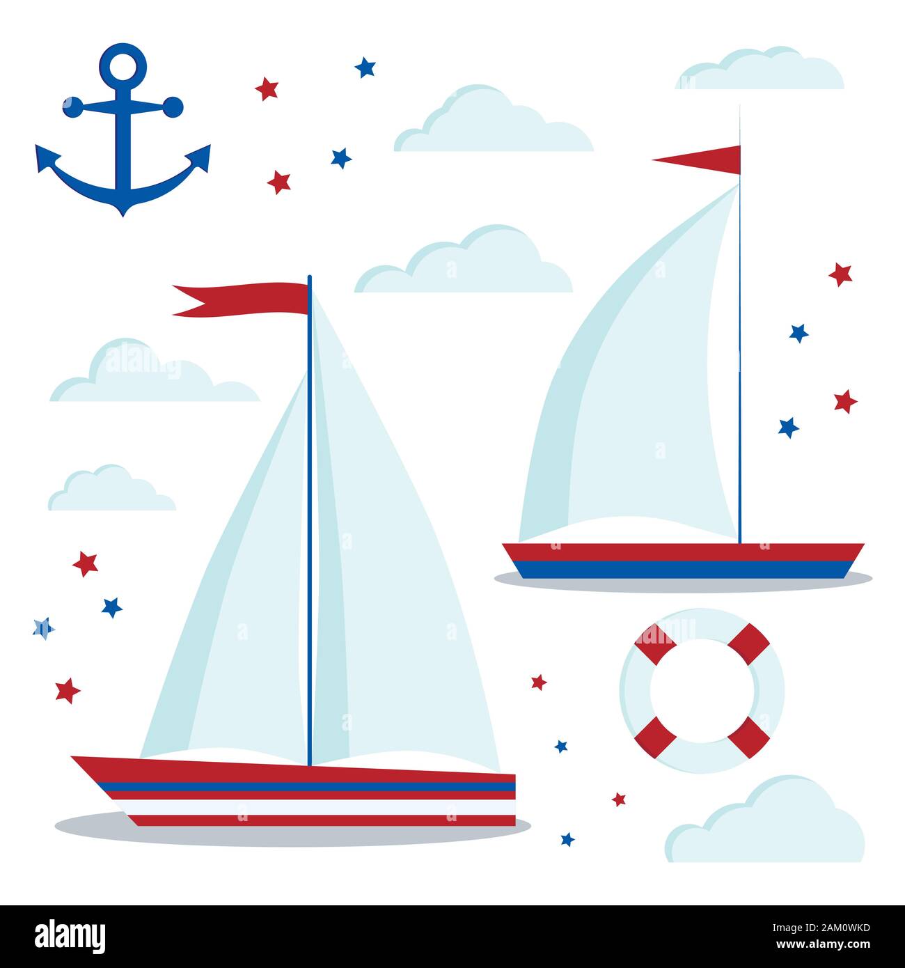 Marine style icon set of blue and red sailboats with one and two sails ...
