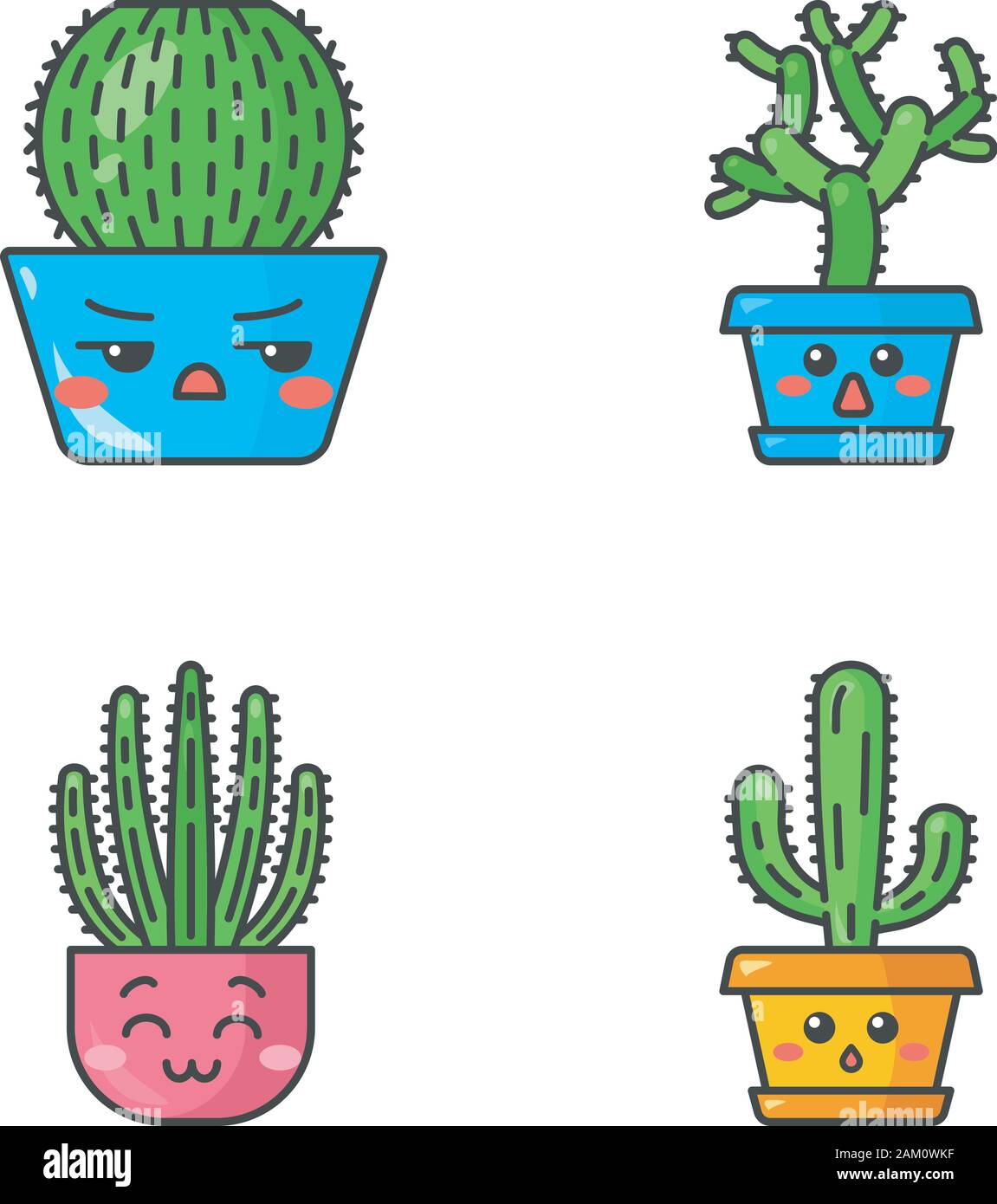 Cactuses cute kawaii vector characters. Plants with sad faces. Angry ...