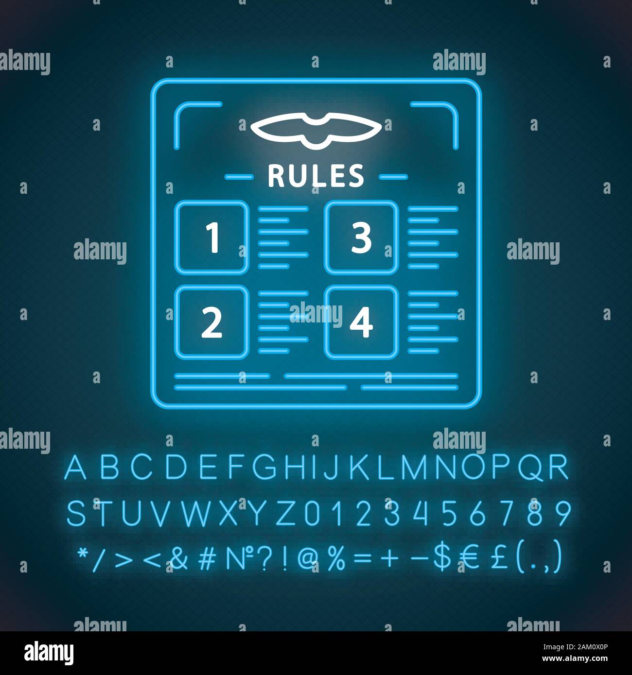 Flight rules neon light icon. Table with statute. Airplane adjustment ...
