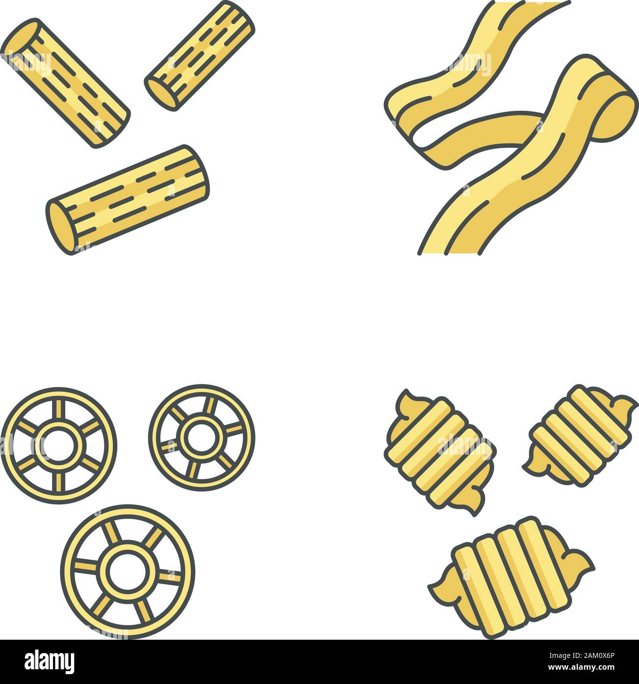 Pasta noodles types color icons set. Traditional Mediterranean macaroni ...