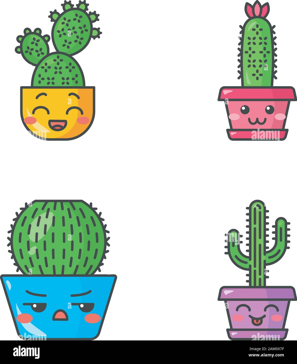 Cactuses cute kawaii vector characters. Plants with smiling faces ...