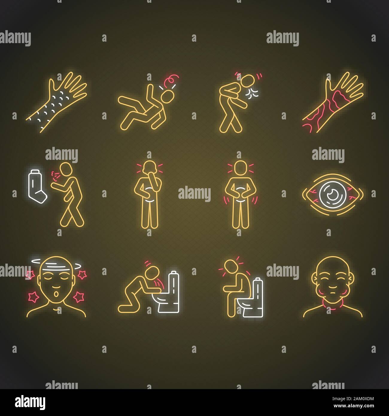 Allergy symptoms neon light icons set. Seasonal disease. Food poisoning ...