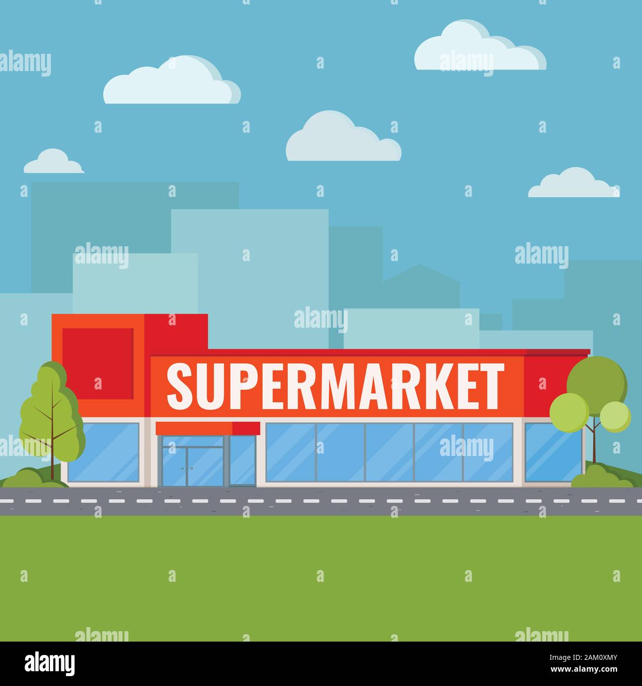 Modern supermarket building near highway road with with bushes and ...