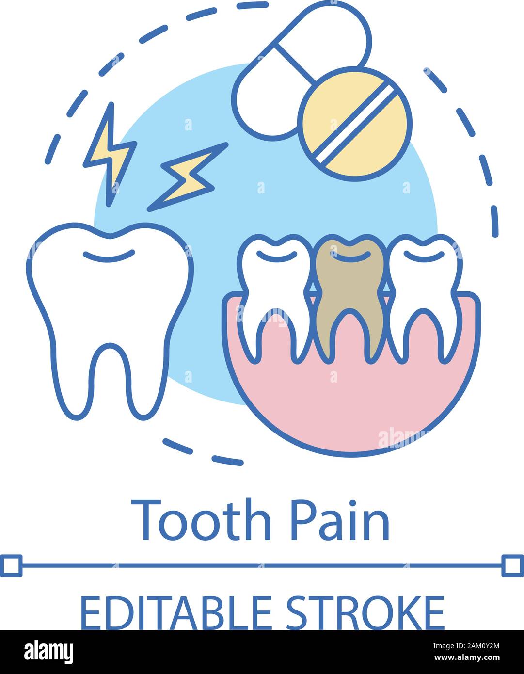 Tooth pain concept icon. Tooth hurts, painkillers, jaw fragment. Taking ...