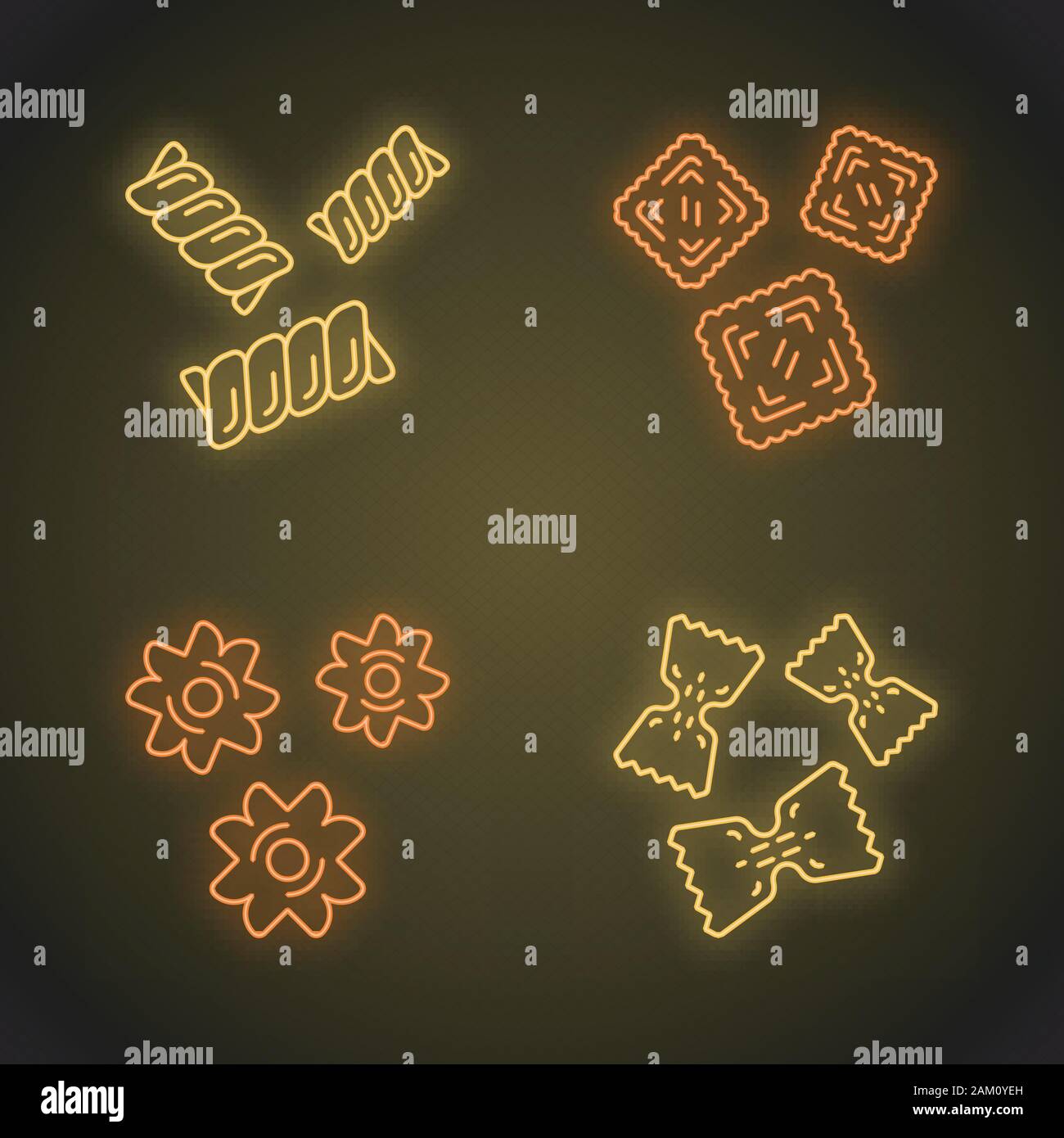 Pasta noodles types neon light icons set. Macaroni different shapes ...