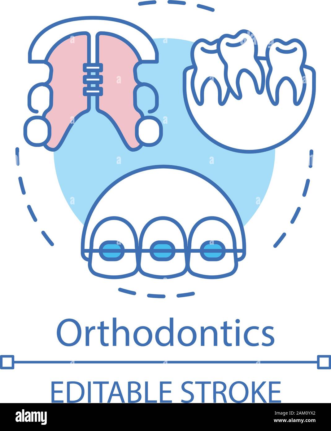 Orthodontics concept icon. Bite correction. Retainers, braces, crooked ...