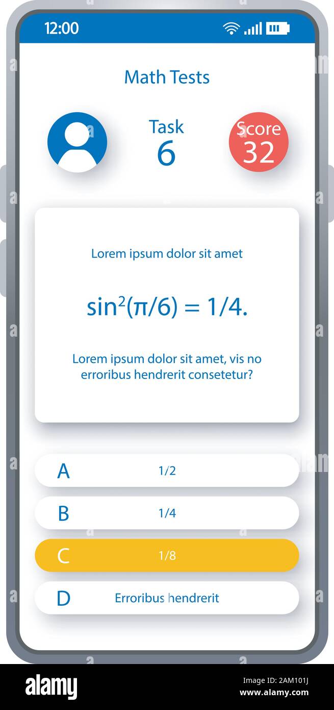 Math tests smartphone interface vector template. Mobile app page white ...