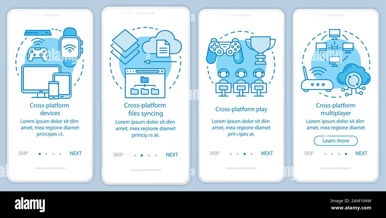 Cross platform synchronization onboarding mobile app page screen vector template. Online device ...
