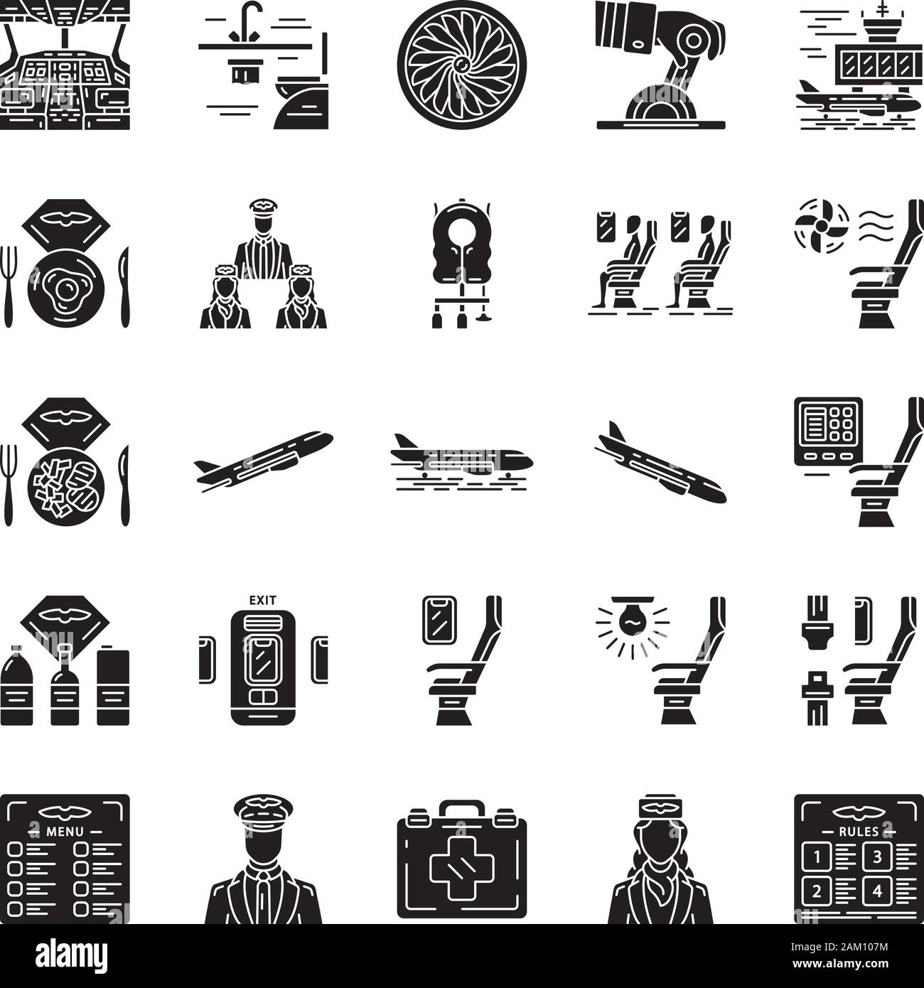 Aviation services glyph icons set. Airplane comfortable seating ...