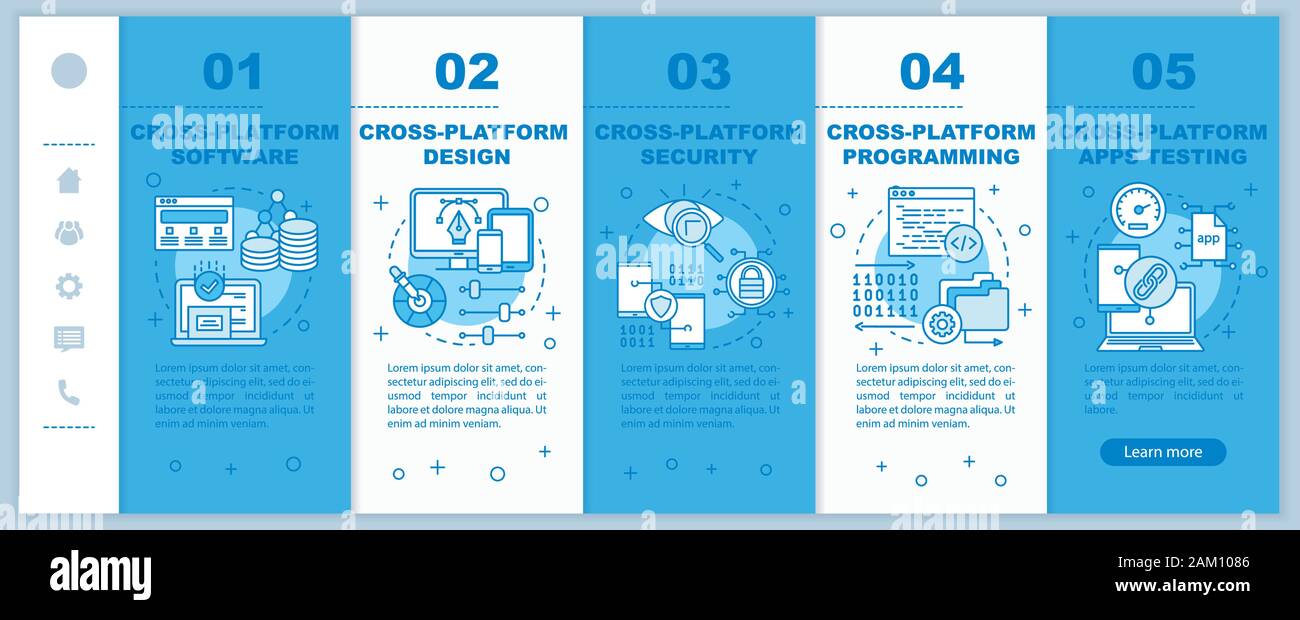 Cross platform development onboarding mobile web pages vector template. Responsive smartphone ...